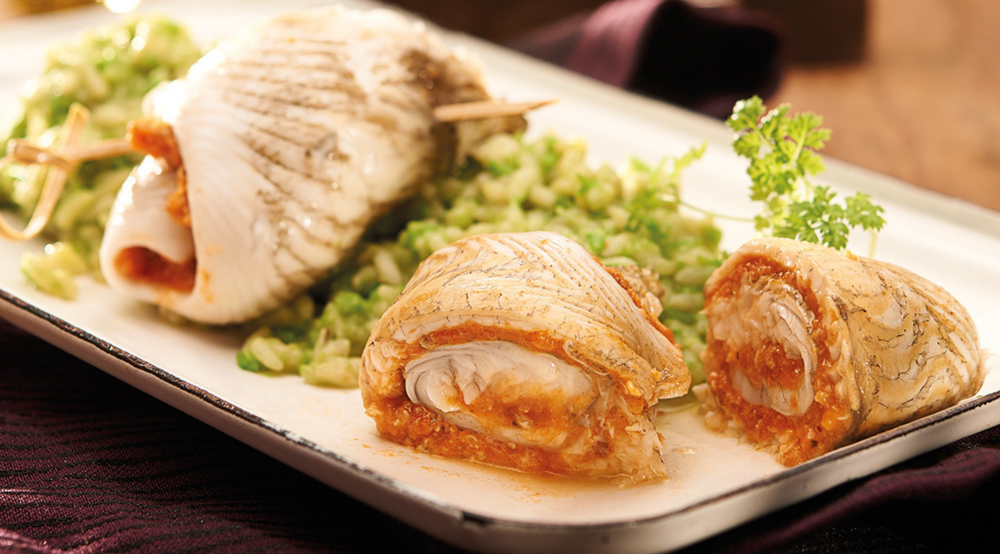 Recipe: Fish rolls on wasabi pea risotto | Fissler