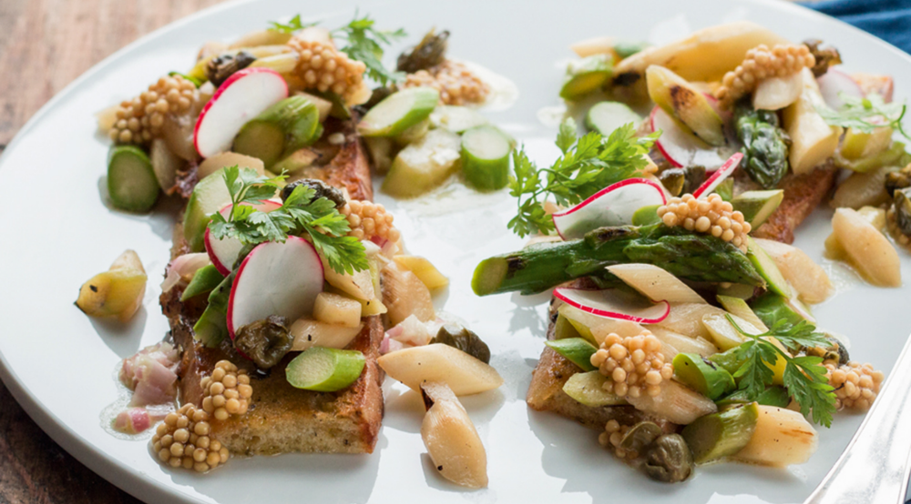 Roasted asparagus salad with orange and tarragon vinaigrette and garli