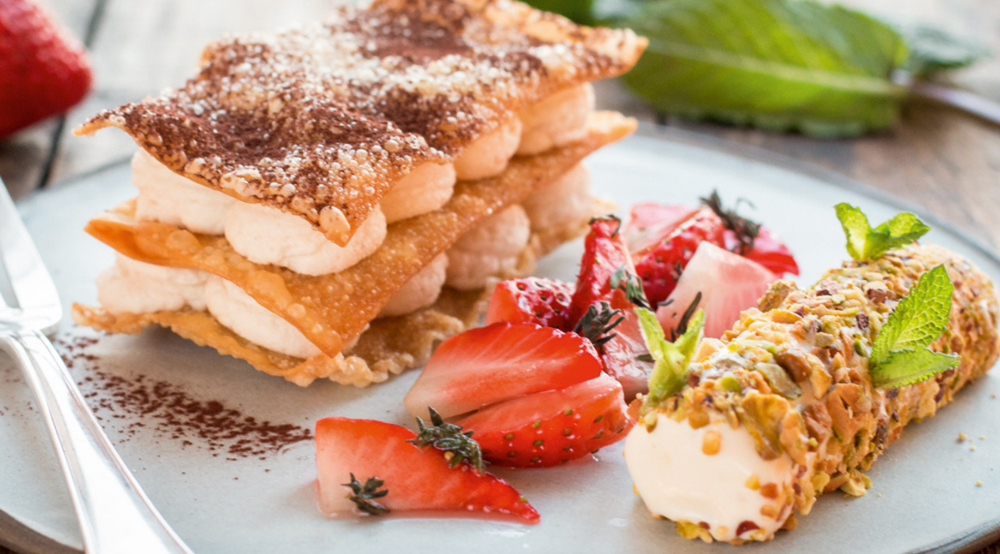Mille-feuille with coffee mousse, marinated strawberries and buttermil
